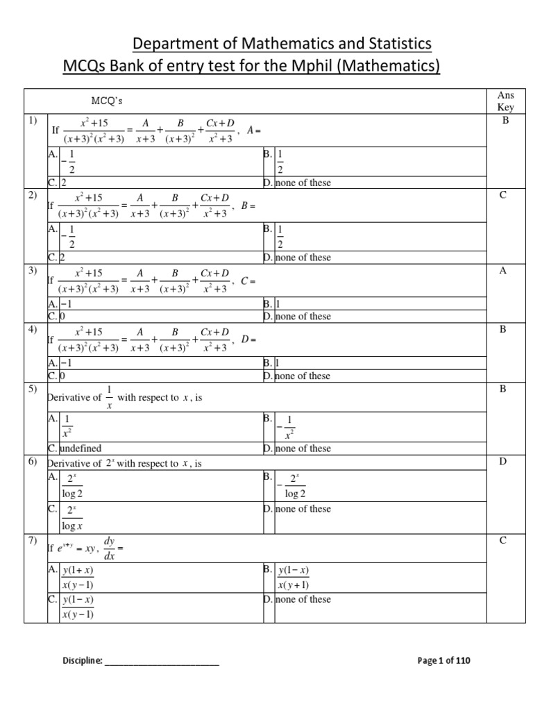 UAF MPhil Mathematics Entry Test MCQs | PDF | Sequence | Real Number