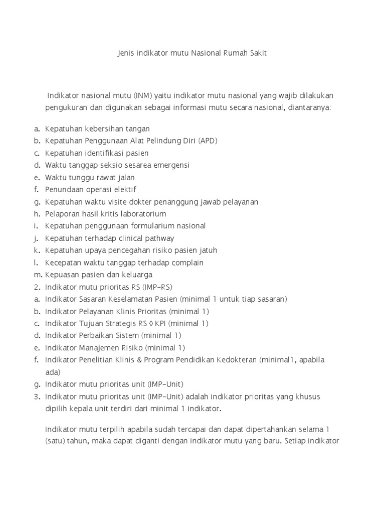Jenis Indikator Mutu Nasional Rumah Sakit | PDF