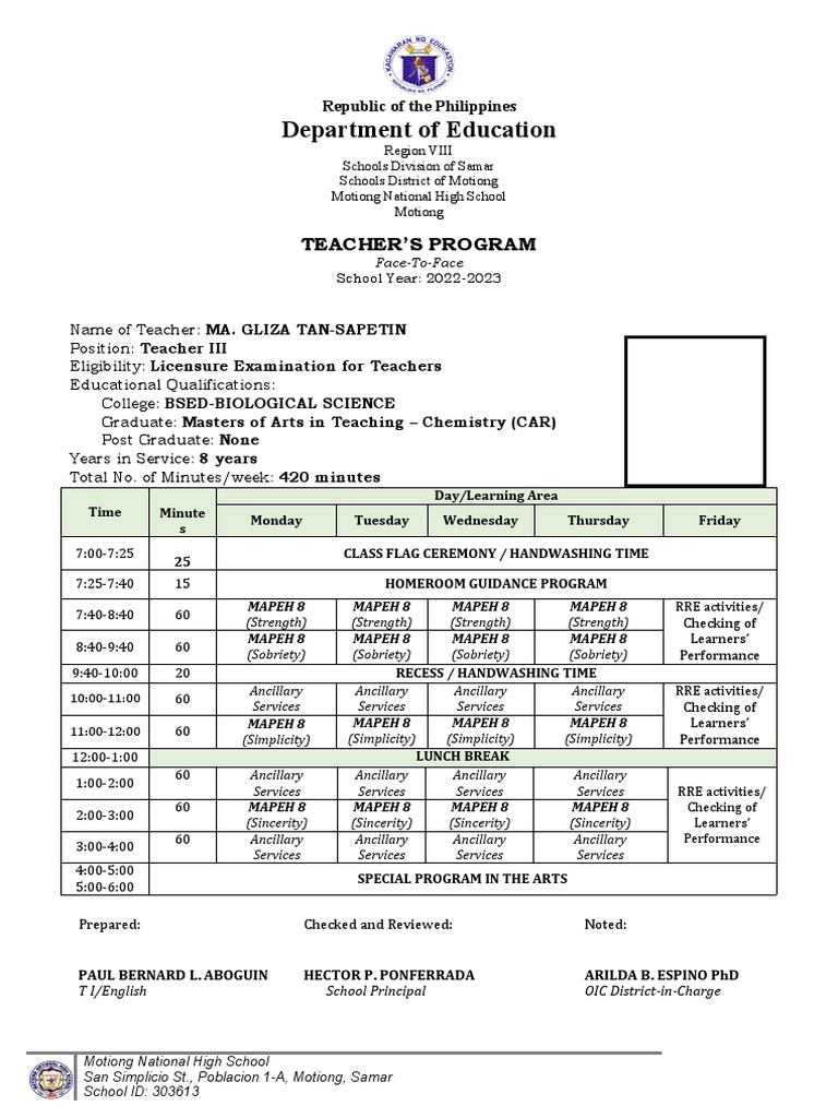 Teacher's Program for MAPEH 8 - SY 2022-2023 | PDF
