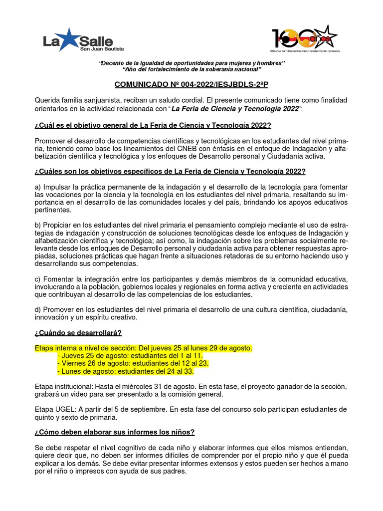 Comunicado 004 - Feria de Ciencias 2022 | PDF | Fuerza | Hipótesis Comunicado 004 - Feria de Ciencias 2022 | PDF | Fuerza | Hipótesis