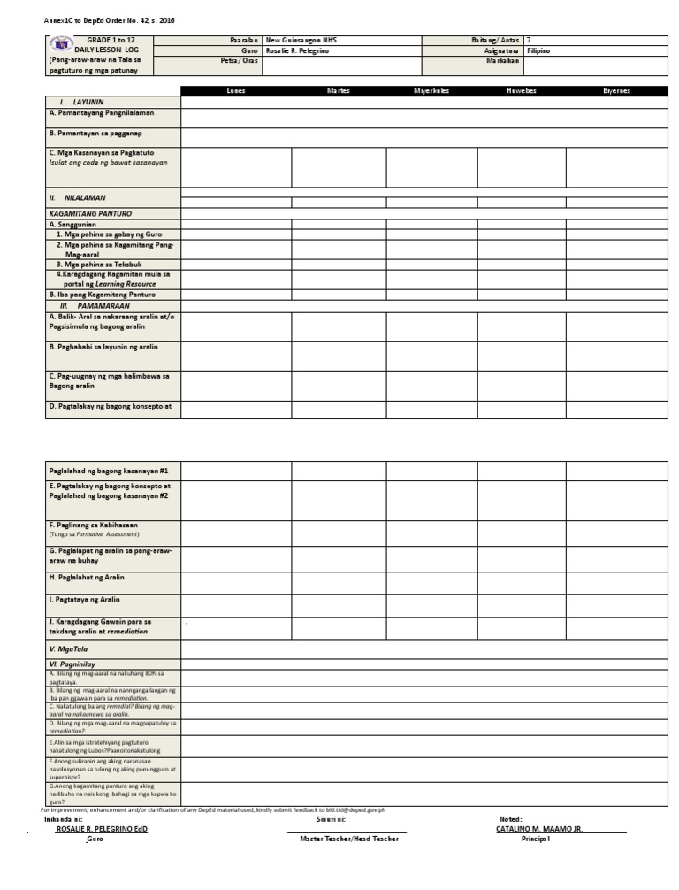 DLL DepEd Order No 42 FILIPINO | PDF