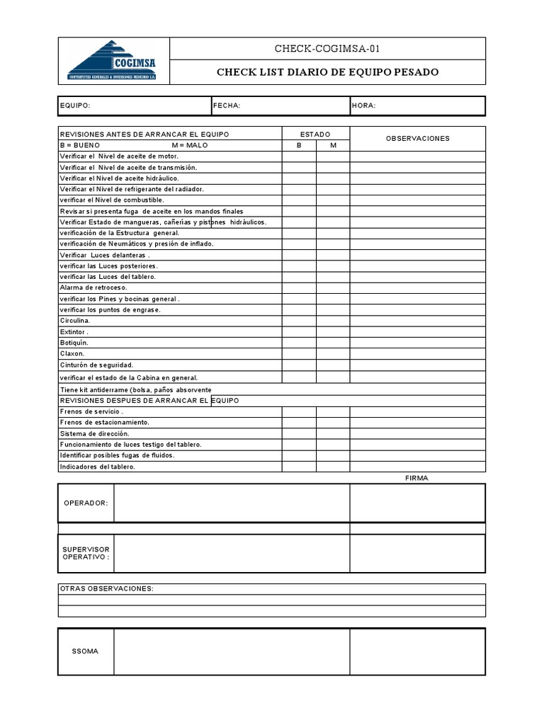 Check List Equipo Pesado | PDF