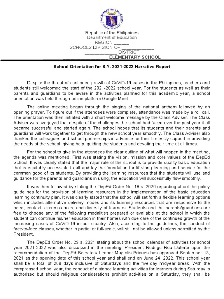 School Orientation Narrative Report 1 | PDF | Schools | Learning