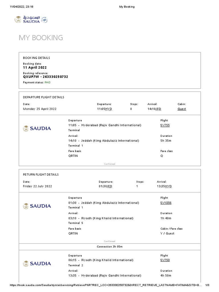 Saudia Airlines Flight - Confirmed Tickets - ZAINAB & SIDDIQUA | PDF ...