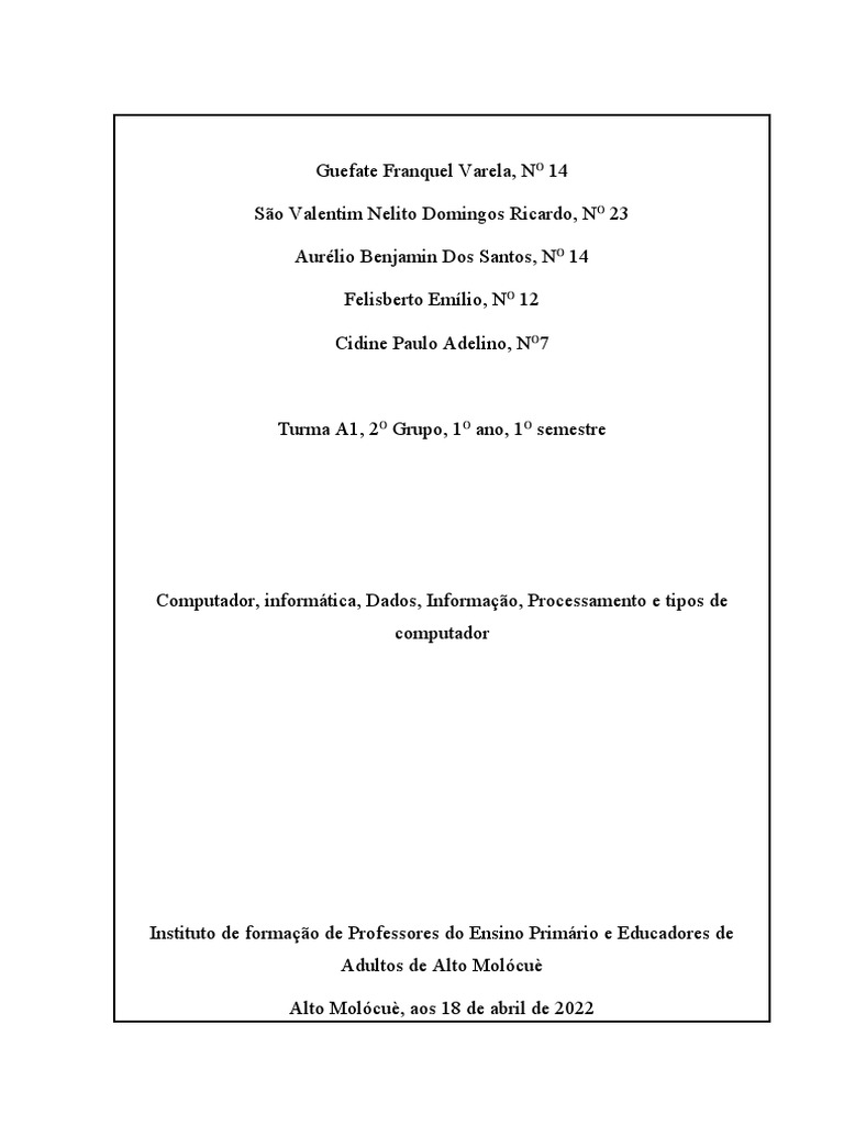 A1, Conceitos de Computador, Informatica, Dados... 2 Grupo | PDF ...