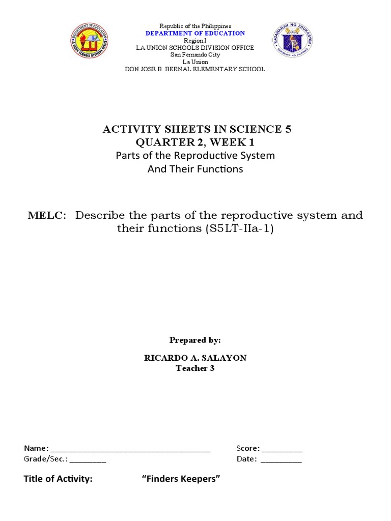 Activity Sheets in Science 5 Quarter 2, Week 1: Parts of The ...