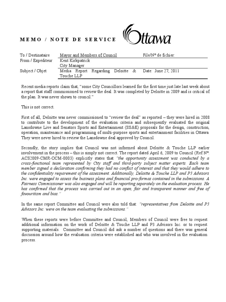 Memo To Council - Deloitte Report Final | PDF | Evaluation | Business