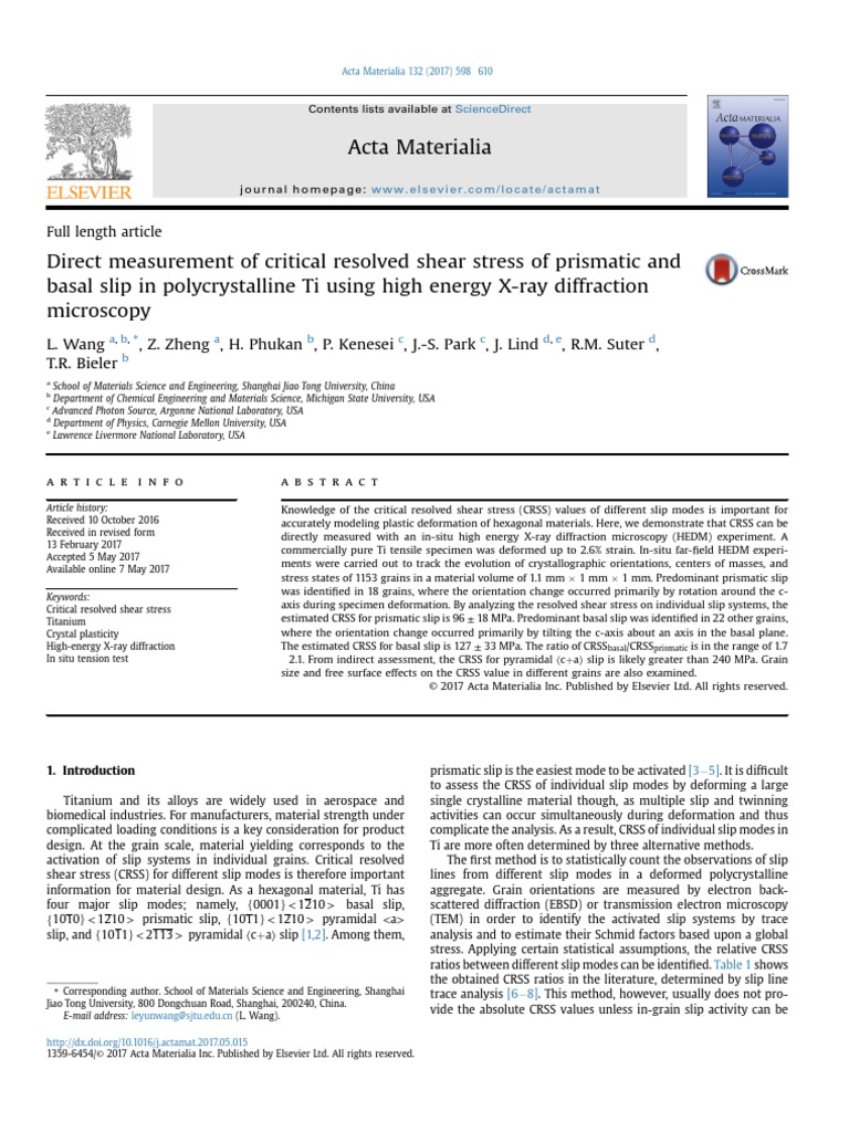 Direct Measurement of Critical Resolved Shear Stress of Prismatic and ... Direct Measurement of Critical Resolved Shear Stress of Prismatic and ...