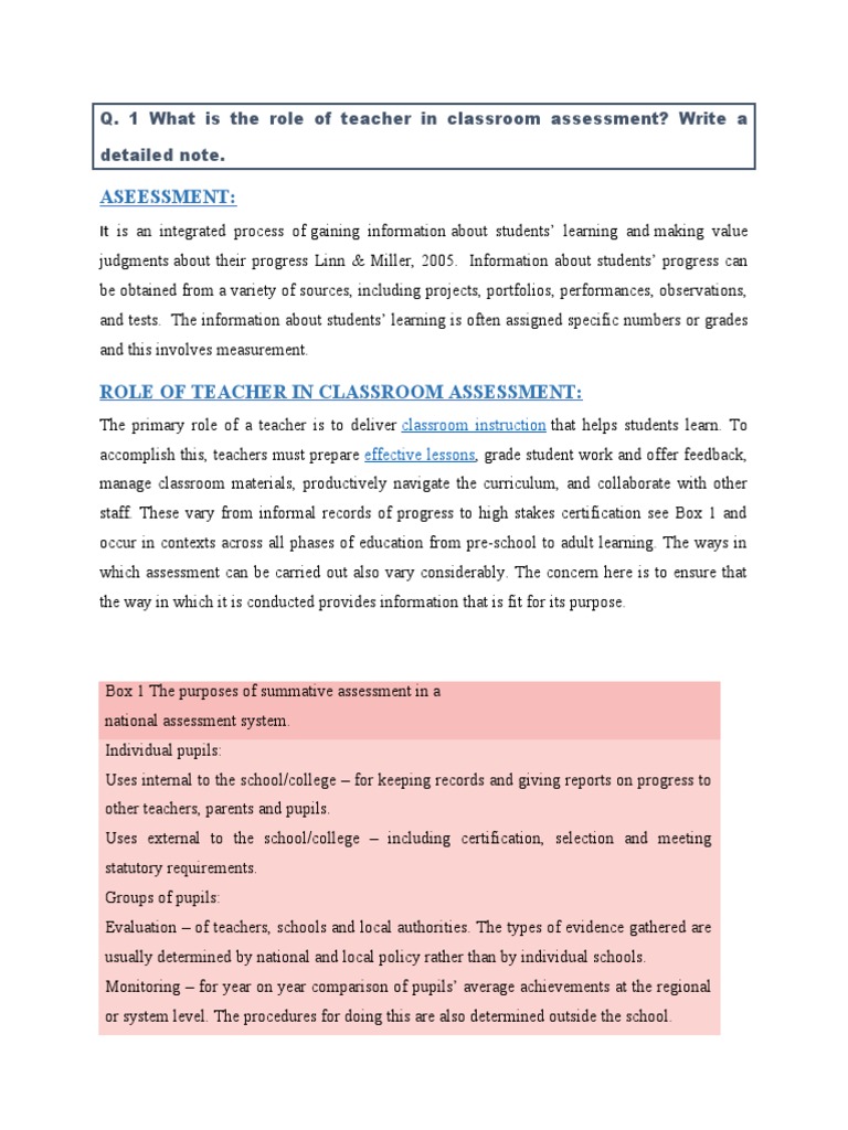 Teacher's Role in Classroom Assessment | PDF | Educational Assessment ...