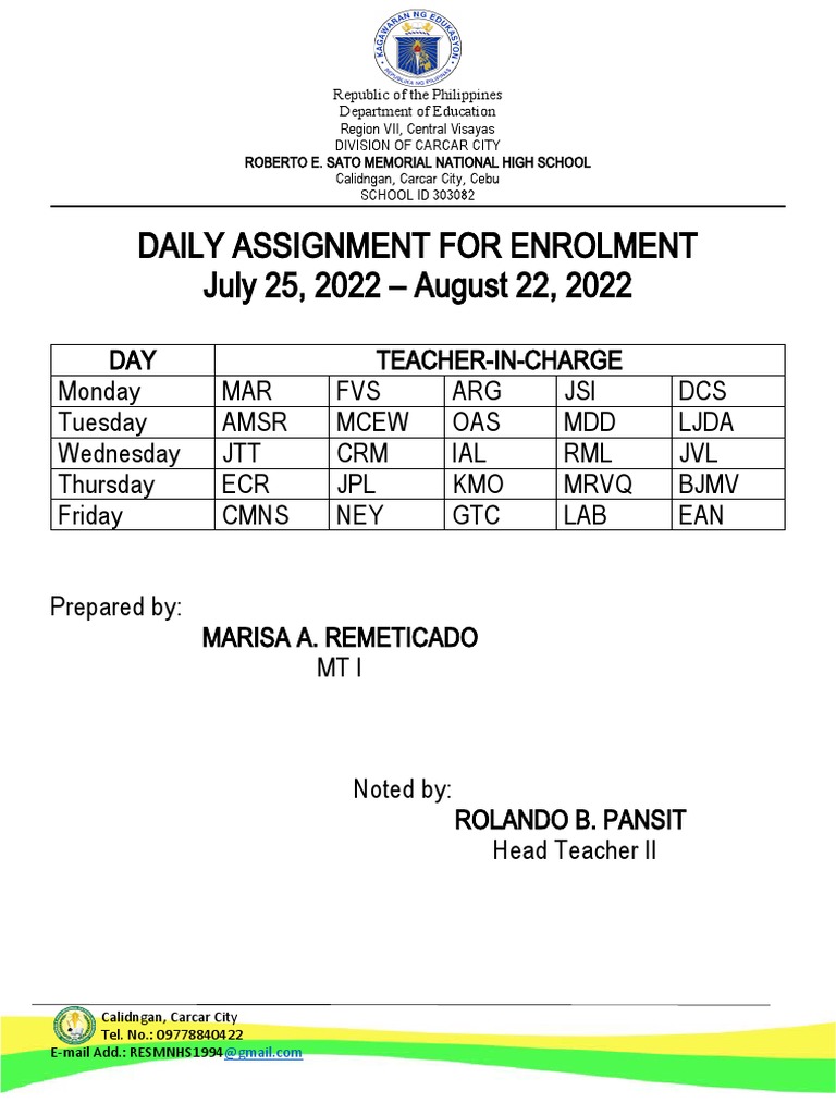Daily Assignment For Enrolment July 25, 2022 - August 22, 2022 | PDF