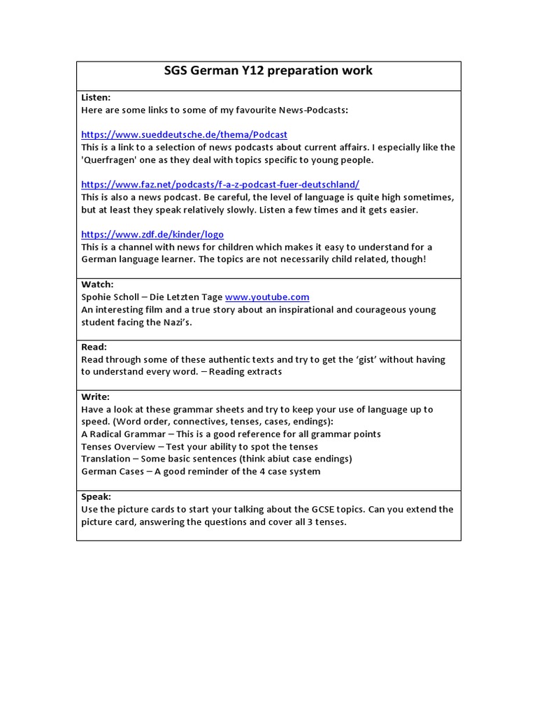 German Y12 Preparation Activities | PDF | Language Arts & Discipline