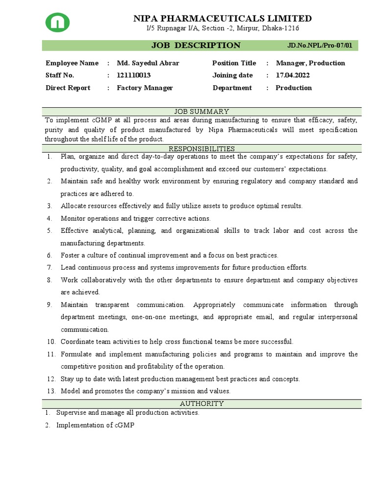 Job Description Production Manager | PDF | Communication | Employment