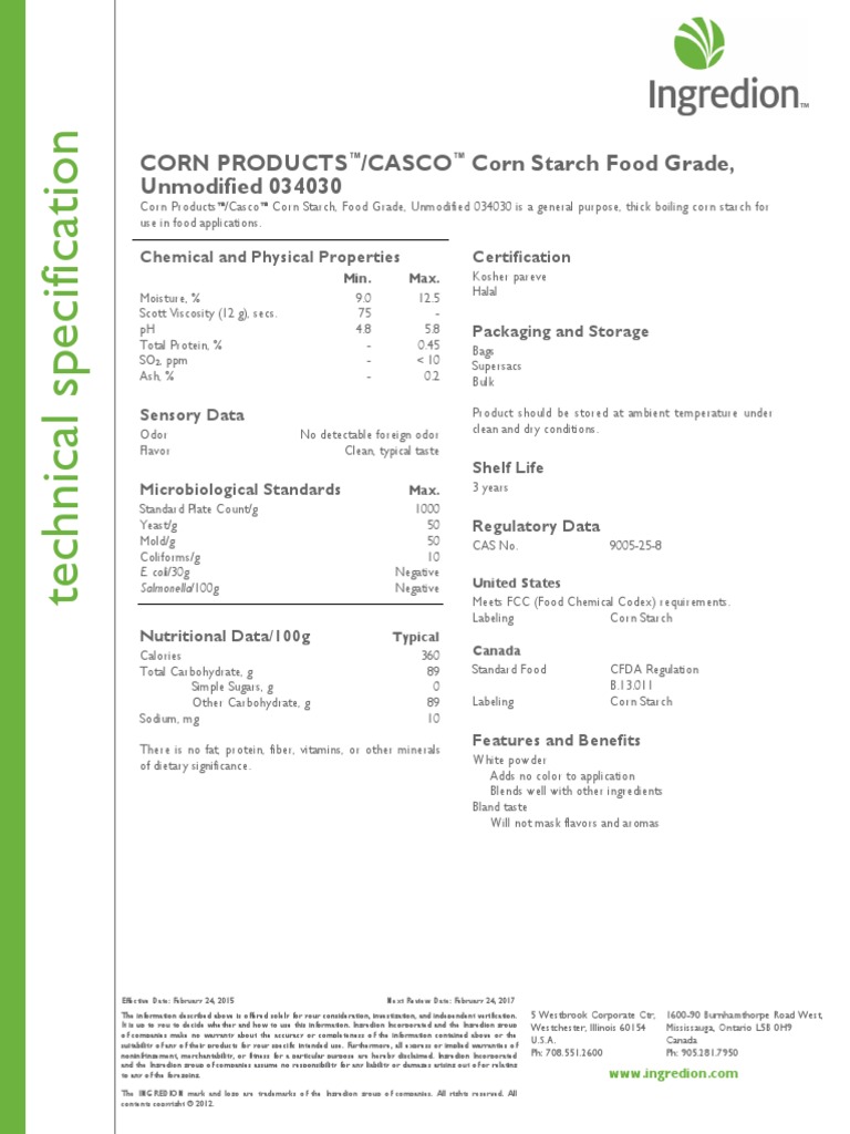 Corn Products /casco Corn Starch Food Grade, Unmodified 034030 | PDF ...