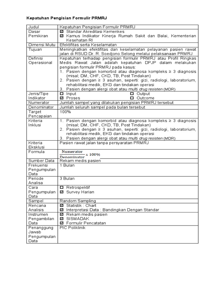 Kamus Indikator Kepatuhan Pengisian Formulir PRMRJ - 075853 | PDF