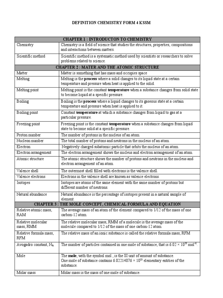 Chemistry Definitions for Form 4 KSSM | PDF | Mole (Unit) | Chemical Bond