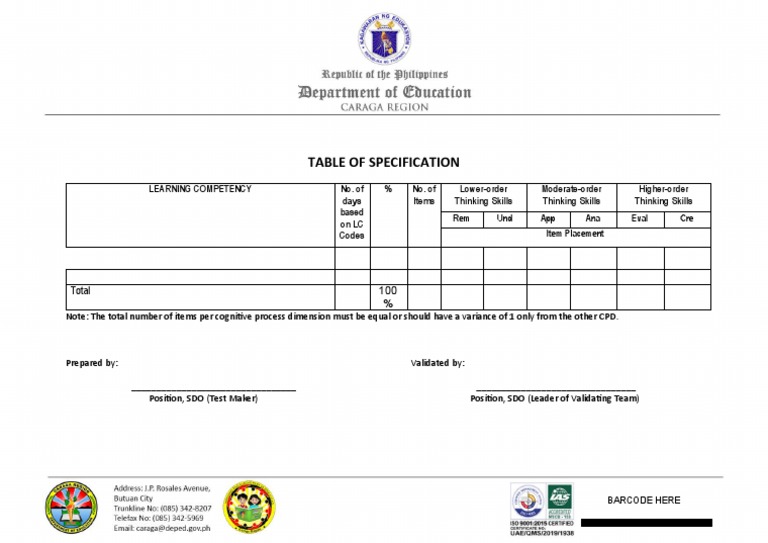 Template Table of Specifications | PDF
