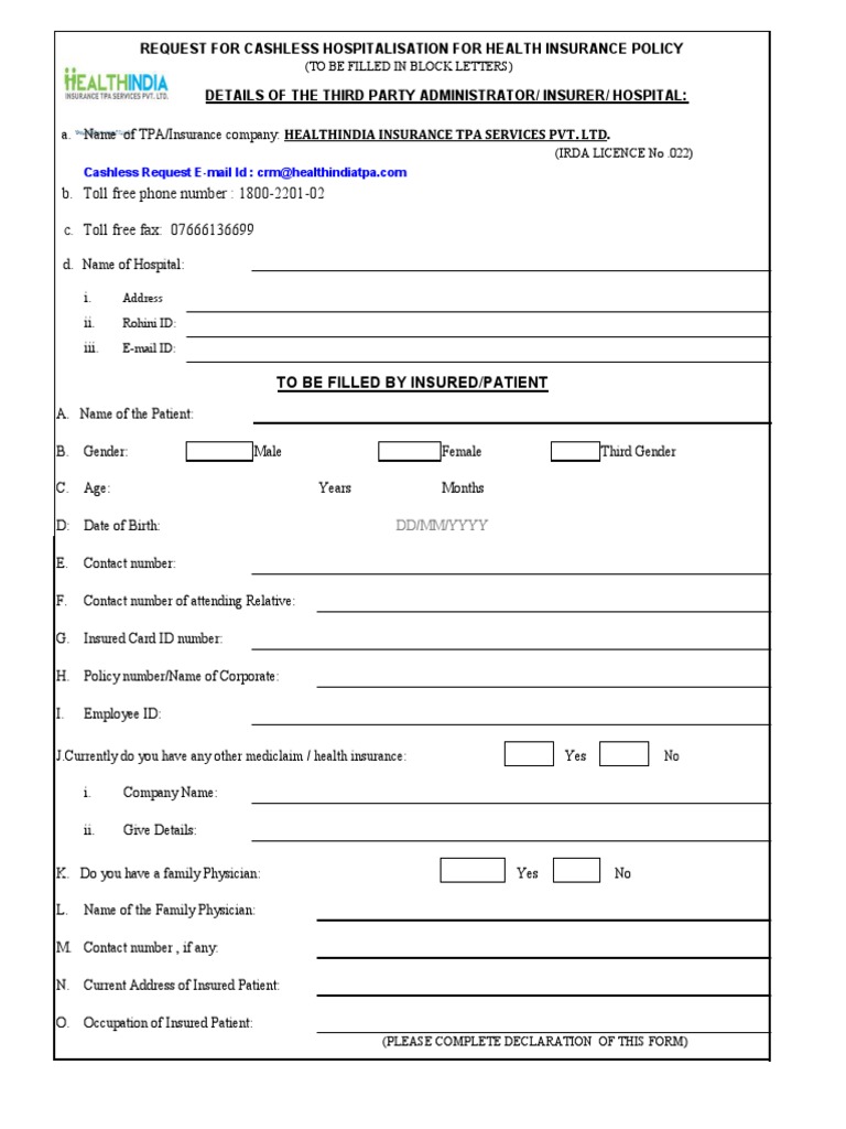 Health India TPA Cashless Request Form | PDF | Insurance | Hospital