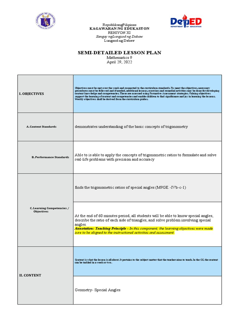 Semi-Detailed Lesson Plan: Kagawaran NG Edukasyon | PDF | Learning | Teaching Method