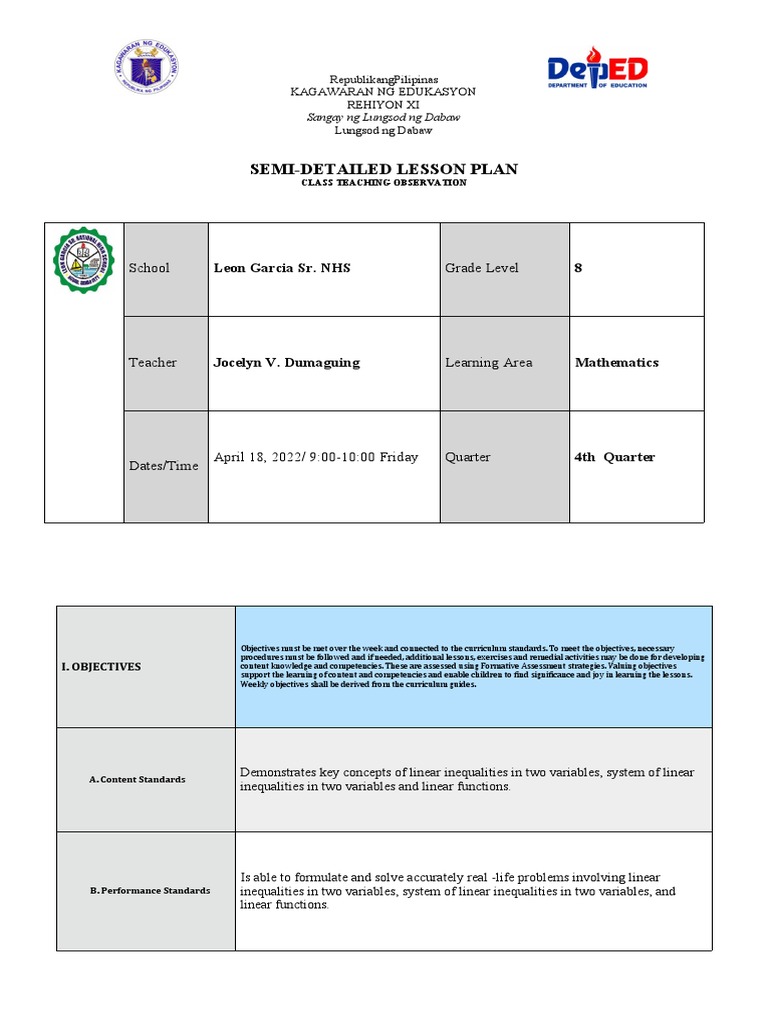 Semi-Detailed Lesson Plan: School Grade Level | Download Free PDF ...