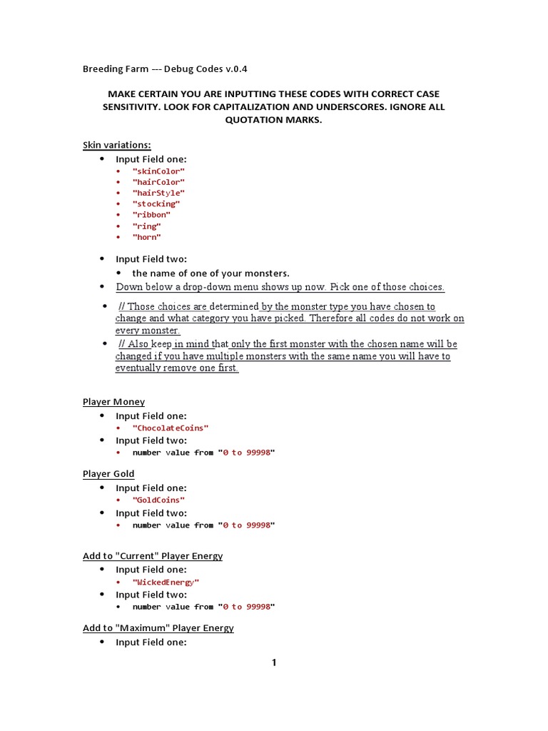 Breeding Farm Debug Codes v0.4 | PDF | Games & Activities