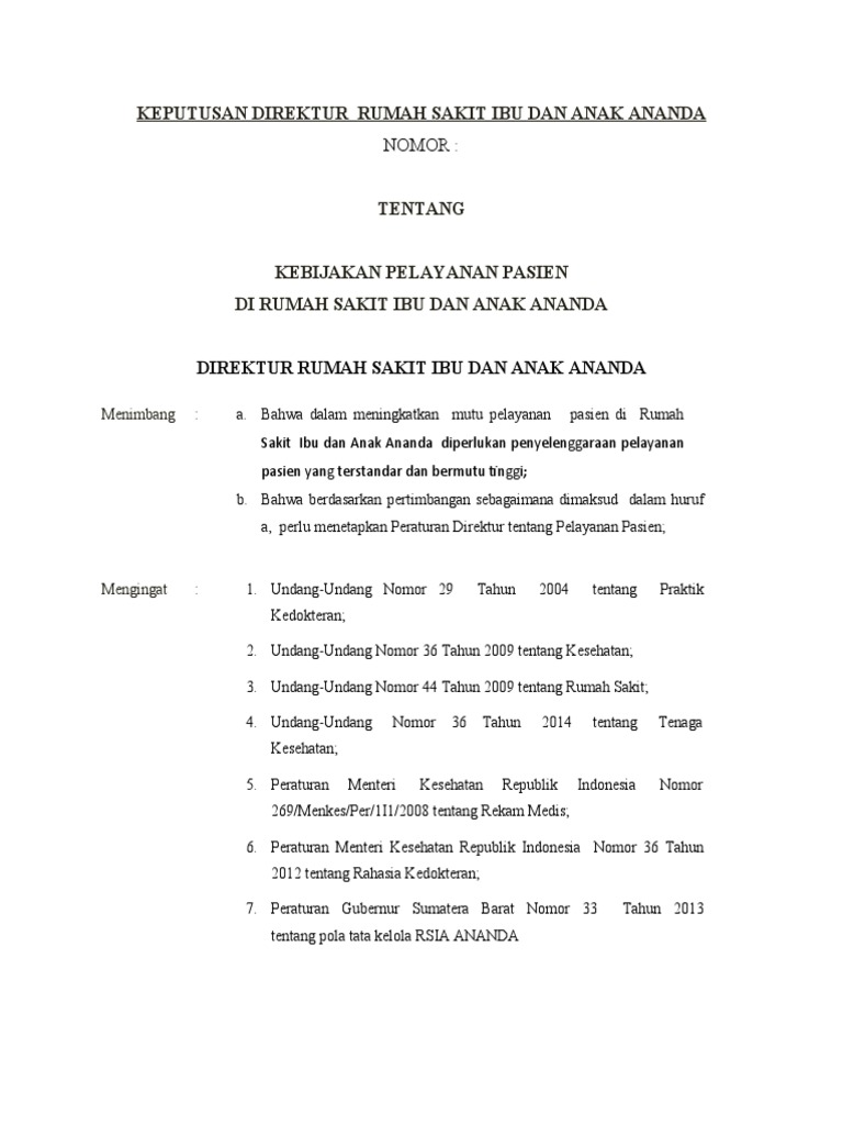 Kebijakan Pelayanan Pasien RSIA Ananda | PDF
