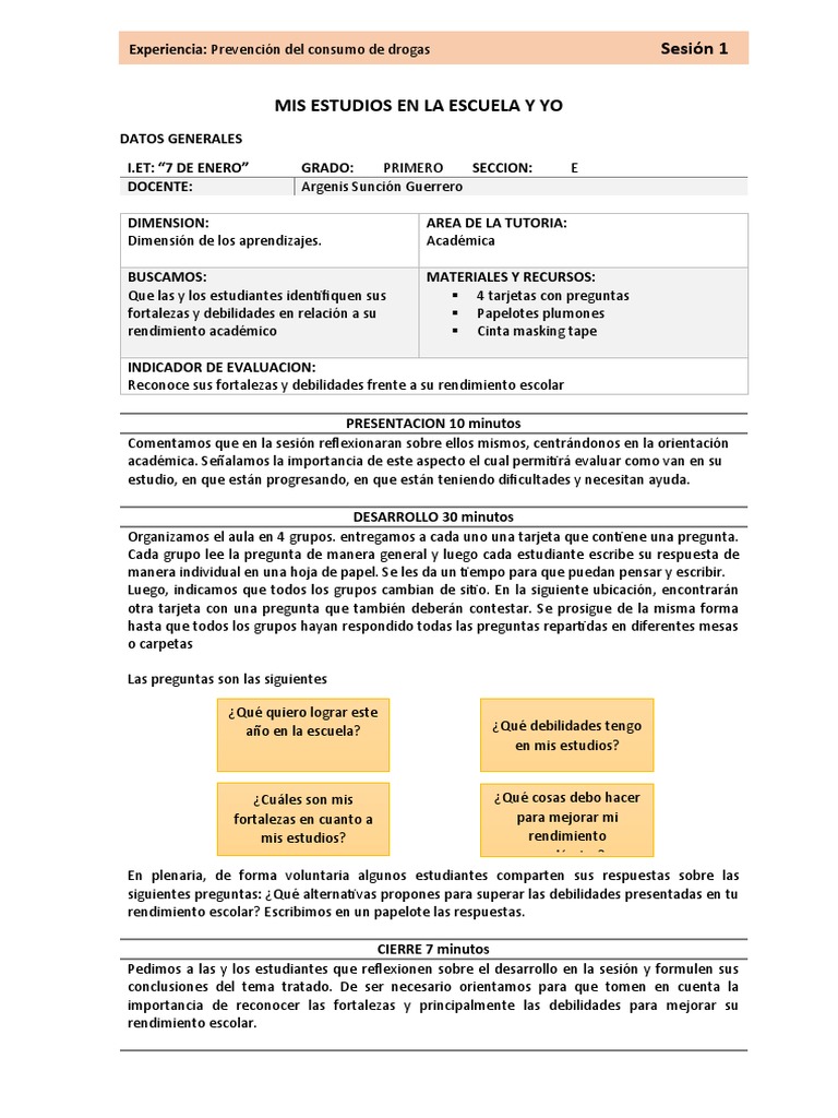 Sesion 1 Mis Estudios en La Escuela y Yo | PDF | Evaluación | Cognición