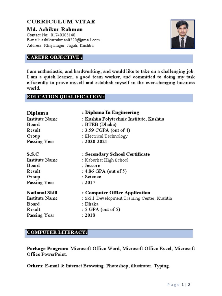 Curriculum Vitae Md. Ashikur Rahman: Career Objective | PDF