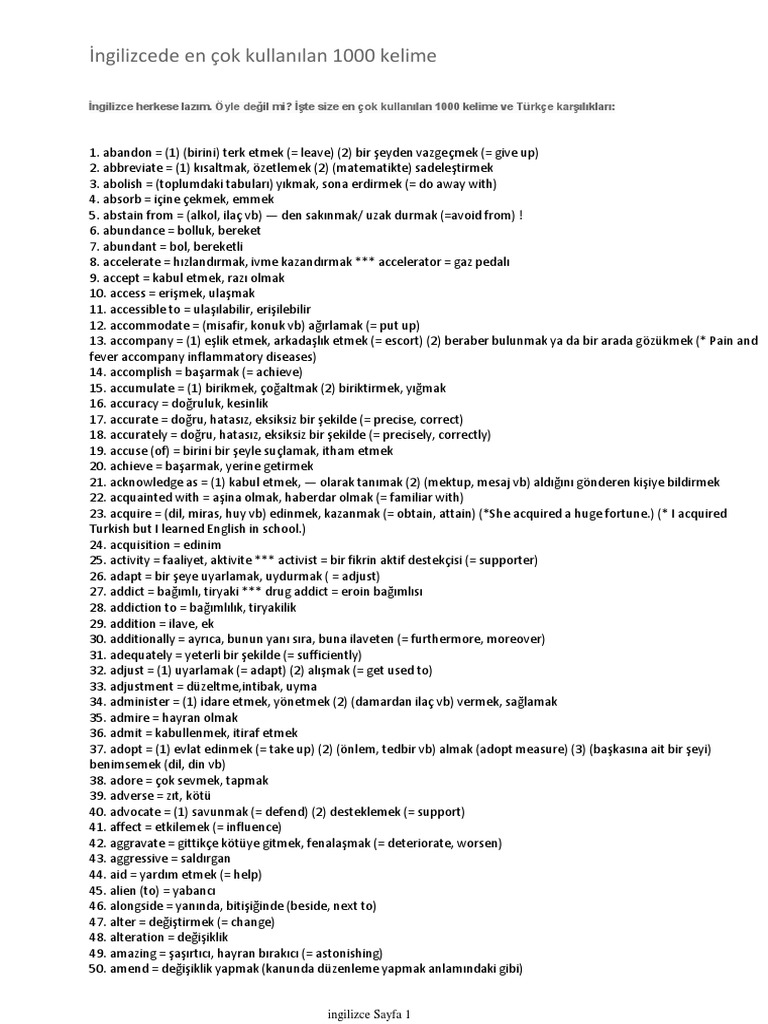 Ingilizcede en Cok Kullanilan 1000 Kelime PDF Free | PDF Ingilizcede en Cok Kullanilan 1000 Kelime PDF Free | PDF