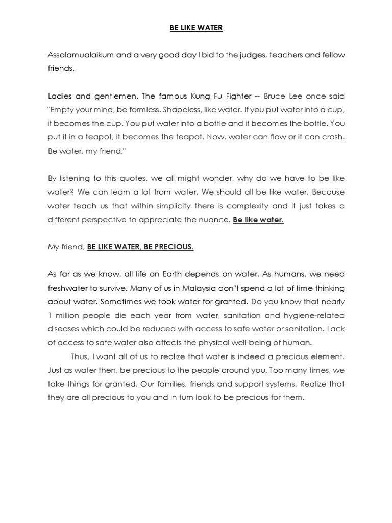 SKSB - Public Speaking Script - Be Like Water | PDF | Water | Cognitive ...