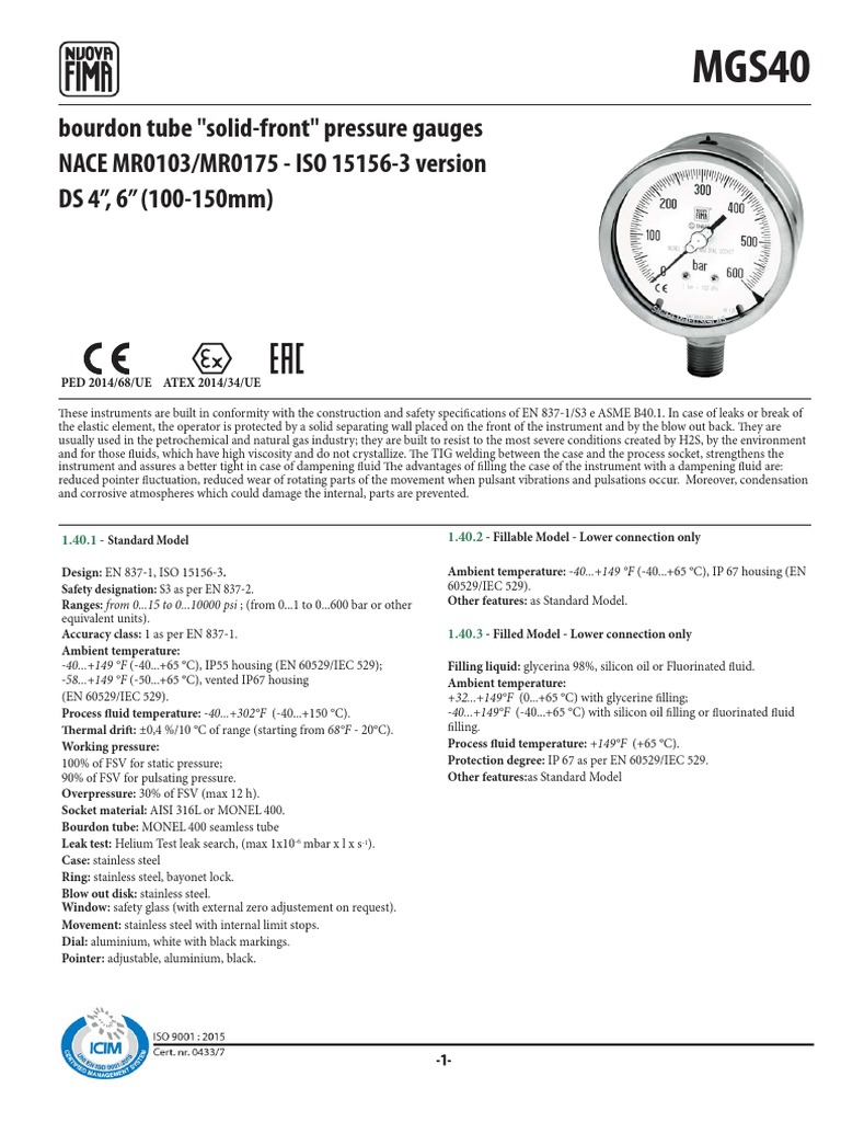 Bourdon Tube "Solid-Front" Pressure Gauges NACE MR0103/MR0175 - ISO ...