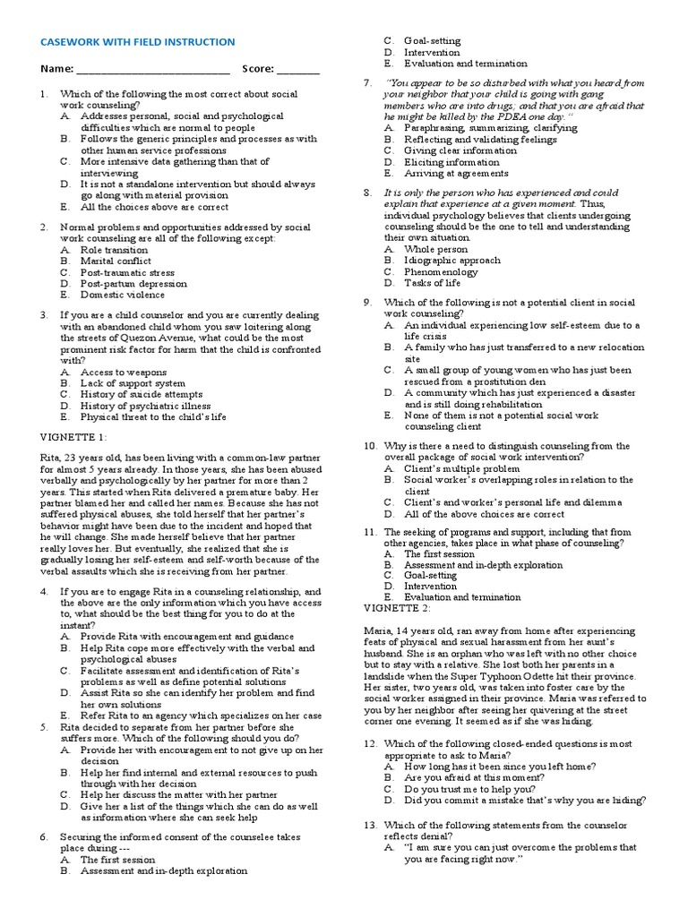 For Printing TEST ON CASEWORK 2 | PDF | Counseling Psychology ...