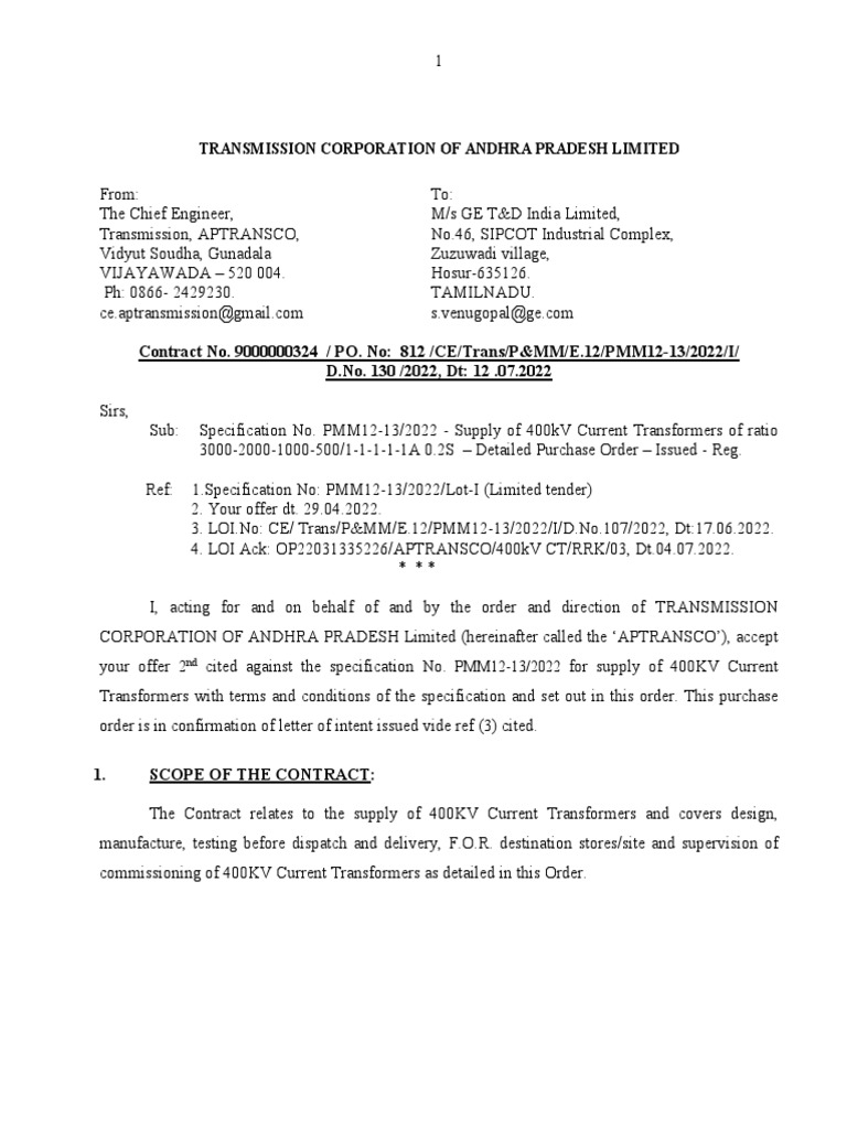 Supply of 400kV Current Transformers | PDF | Payments | Specification ...