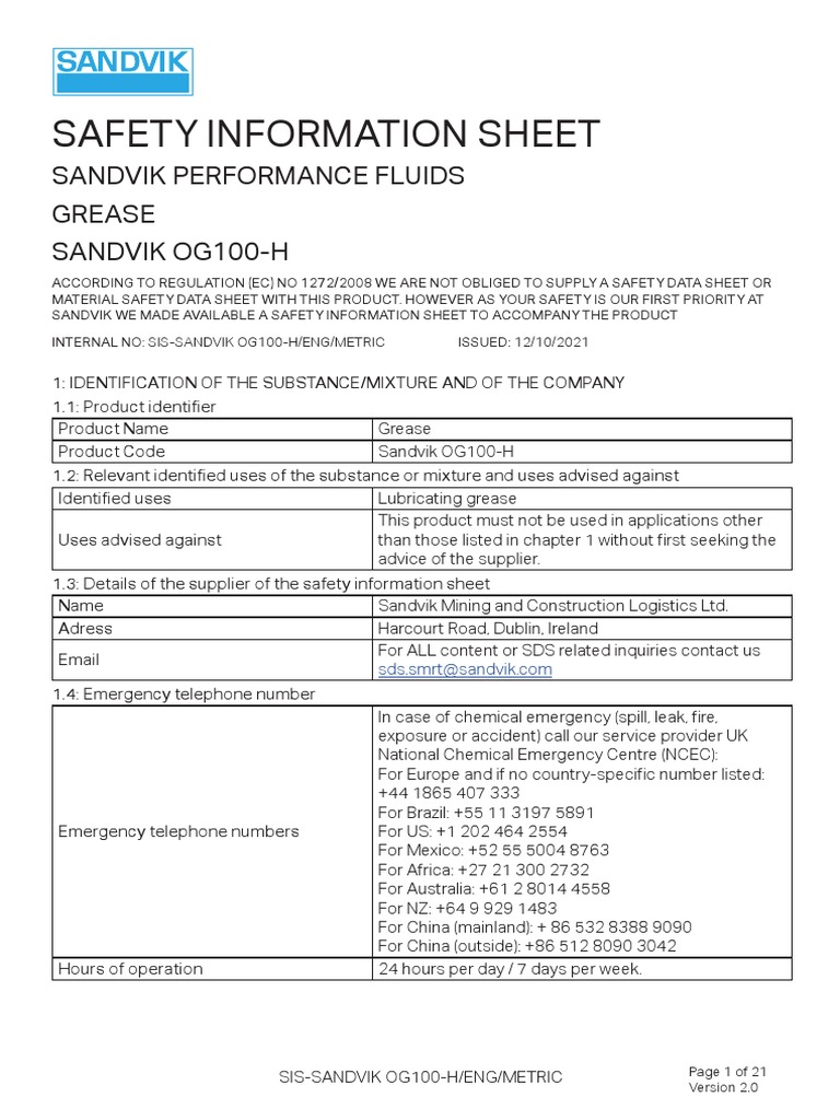 Sandvik OG100-H Grease Safety Info | PDF | Firefighting | Toxicity