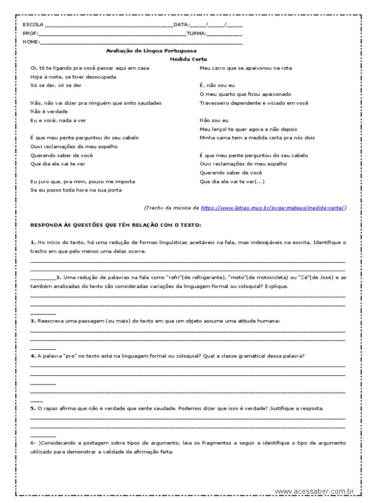 Atividade De Português Interpretação De Texto Com A Música Medida Certa