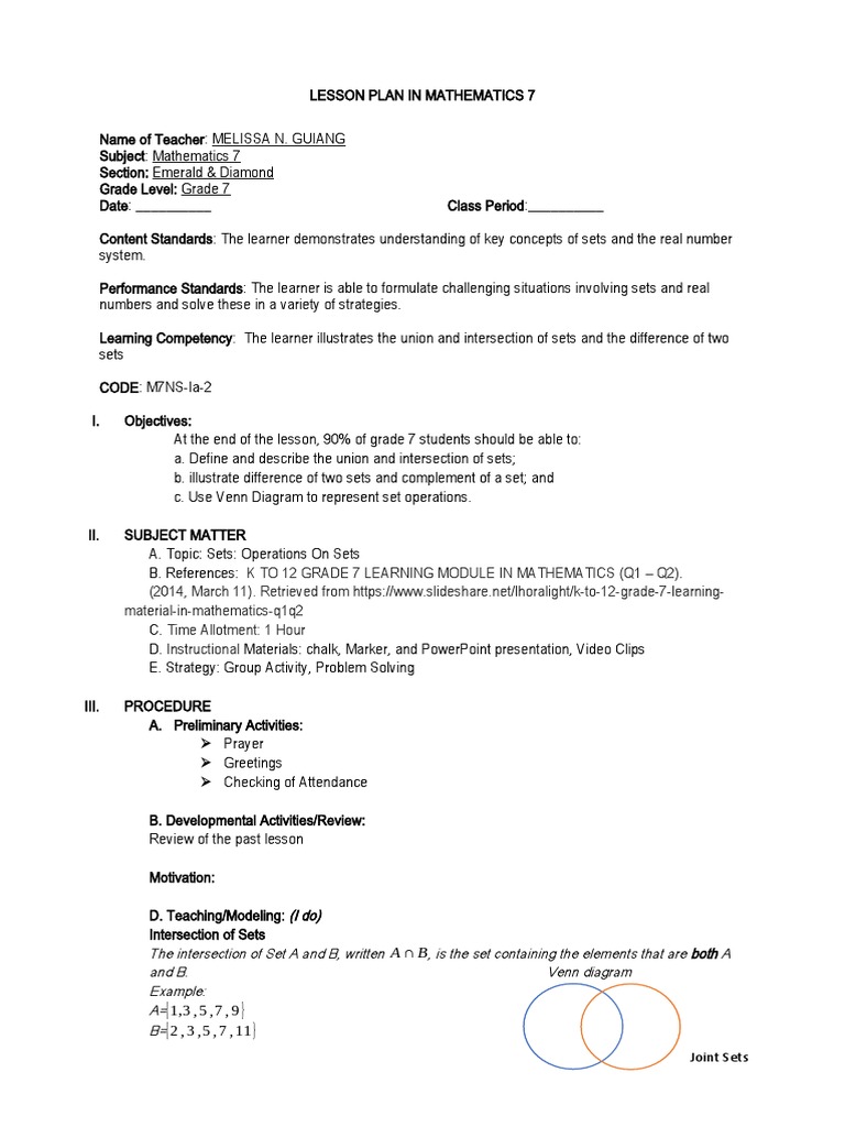 Lesson Plan in Mathematics 7-Operation On Sets | PDF | Lesson Plan ...