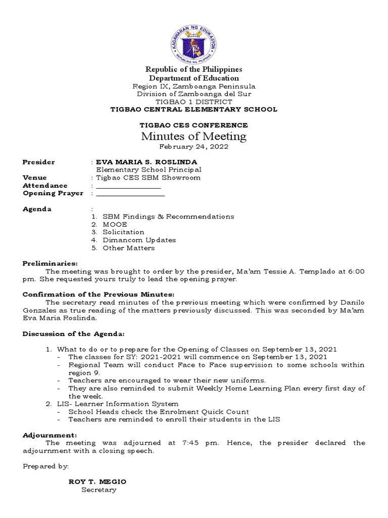 Minutes of Meeting: Republic of The Philippines Department of Education ...