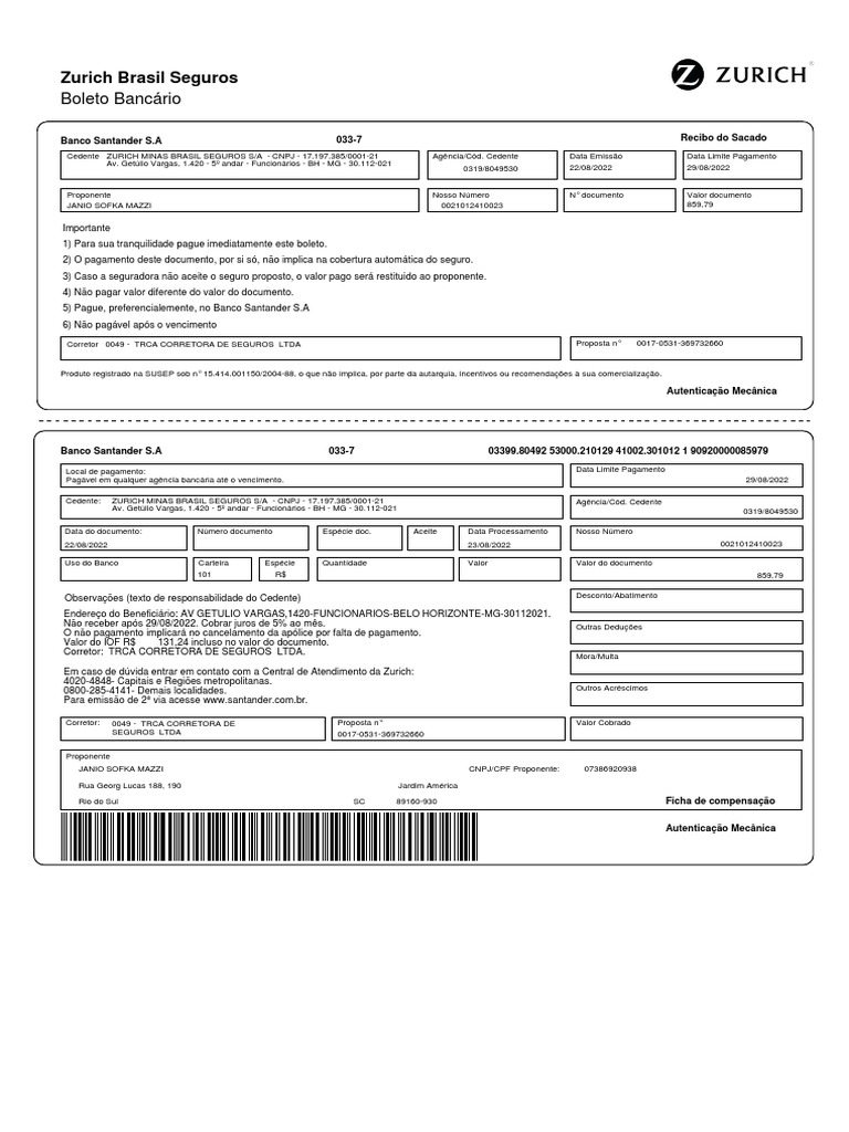 Zurich Brasil Seguros Boleto | PDF | Bancos | Dinheiro