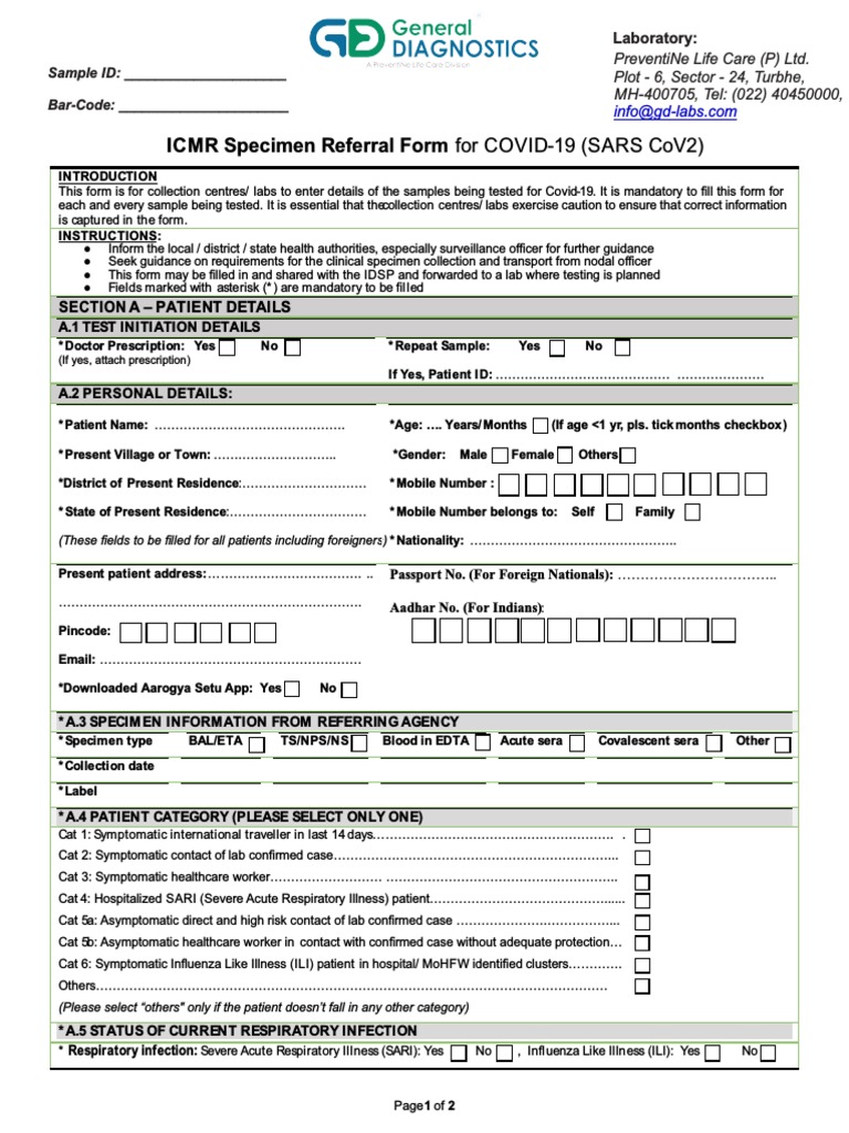 Icmr Specimen Referral Form For Covid-19 (Sars Cov2) : Section A ...