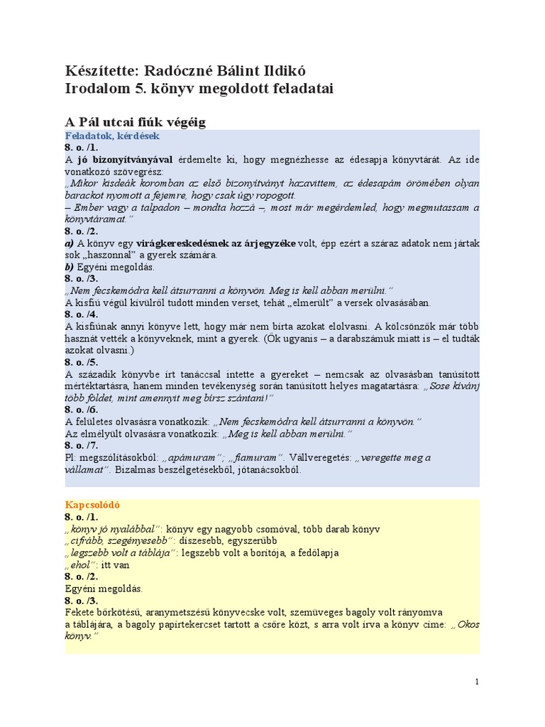 2021 - Megoldókulcs - Új - Irodalom 5 - Könyv - A Pál Utcai Fiúk - Végéig | PDF