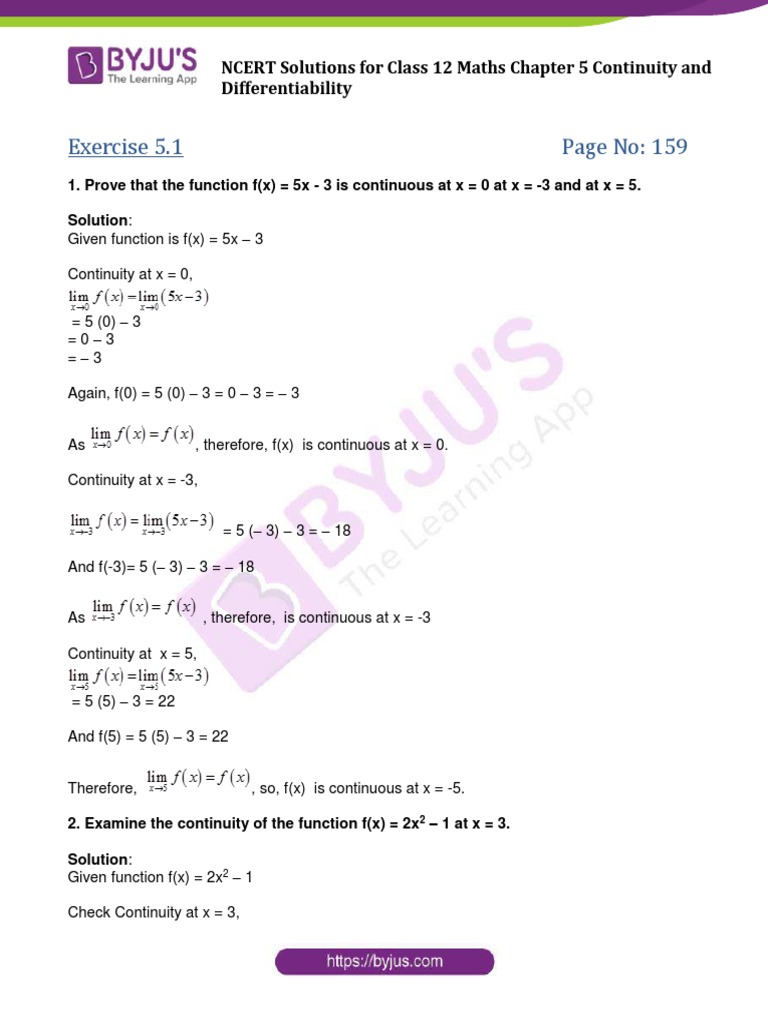 NCERT Solutions For Class 12 Maths Chapter 5 Continuity and Differentiability Exercise 5.1 | PDF ...