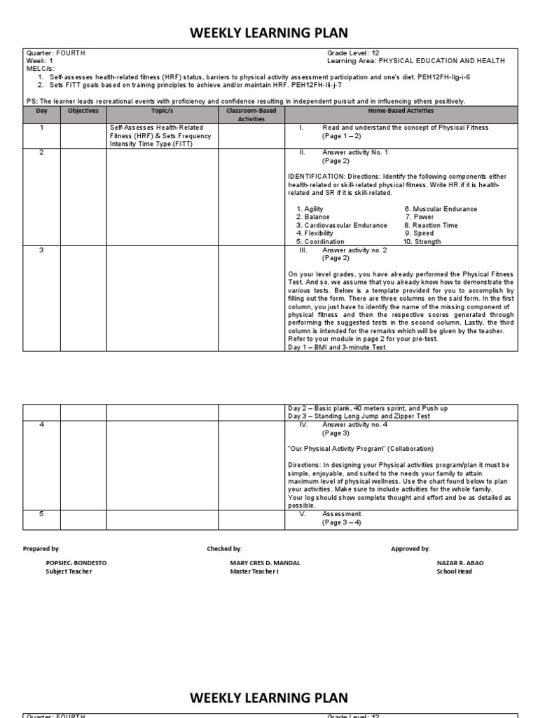 Grade 12 Physical Education Weekly Plan | PDF | Hyperthermia | Physical ...