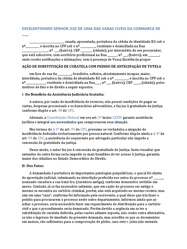Modelo Substituicao de Curatela Com Pedido de Tutela | PDF | Injunção ...