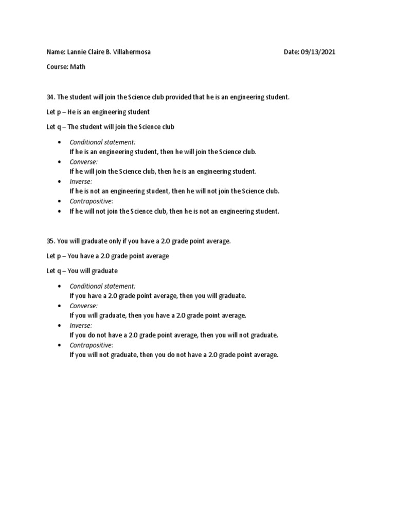 Conditional Statement: Converse: Inverse: Contrapositive | PDF