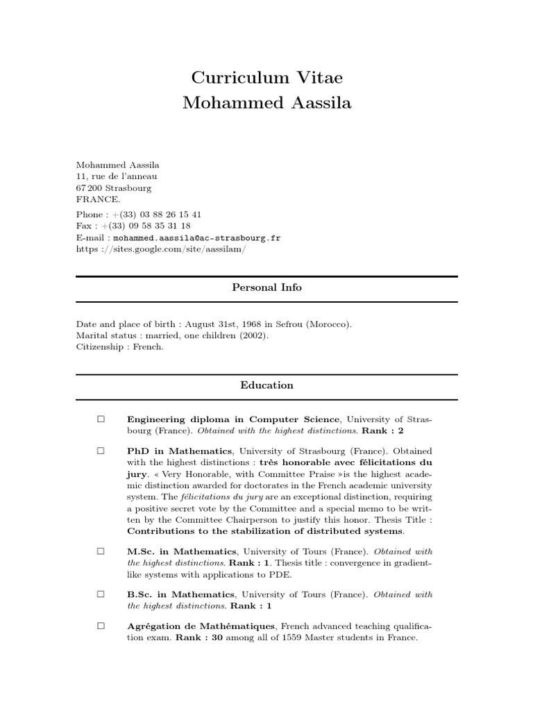 Curriculum Vitae Mohammed Aassila: Personal Info | PDF | Differential ...
