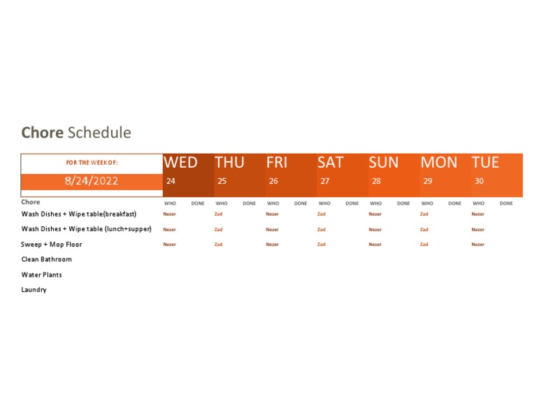 Chore Schedule: Wed Thu Fri SAT Sun Mon Tue | PDF