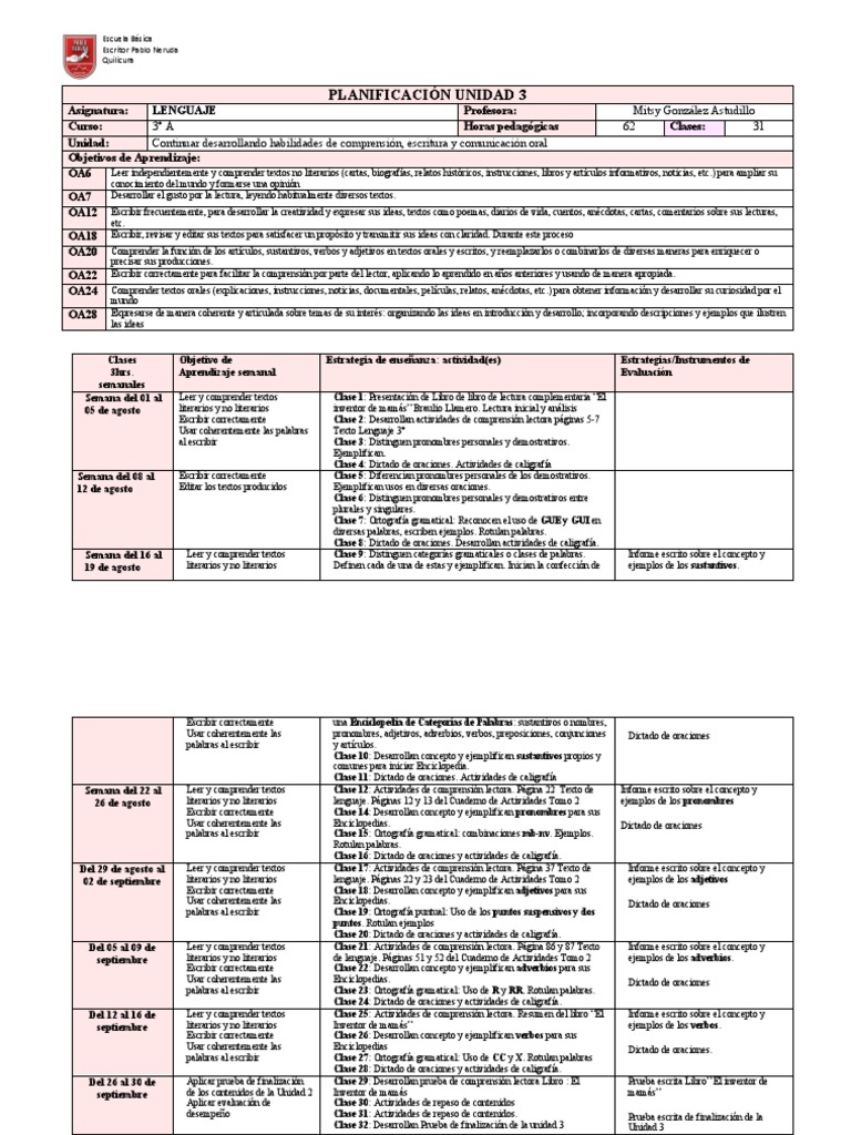 Planificación Unidad 3 Lenguaje 3°A | PDF | Sustantivo | Aprendizaje