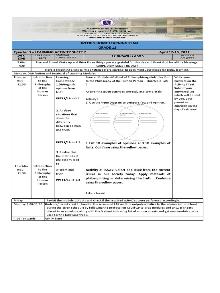 Weekly Home Learning Plan Grade 12 Quarter 3 - Learning Activity Sheet ...