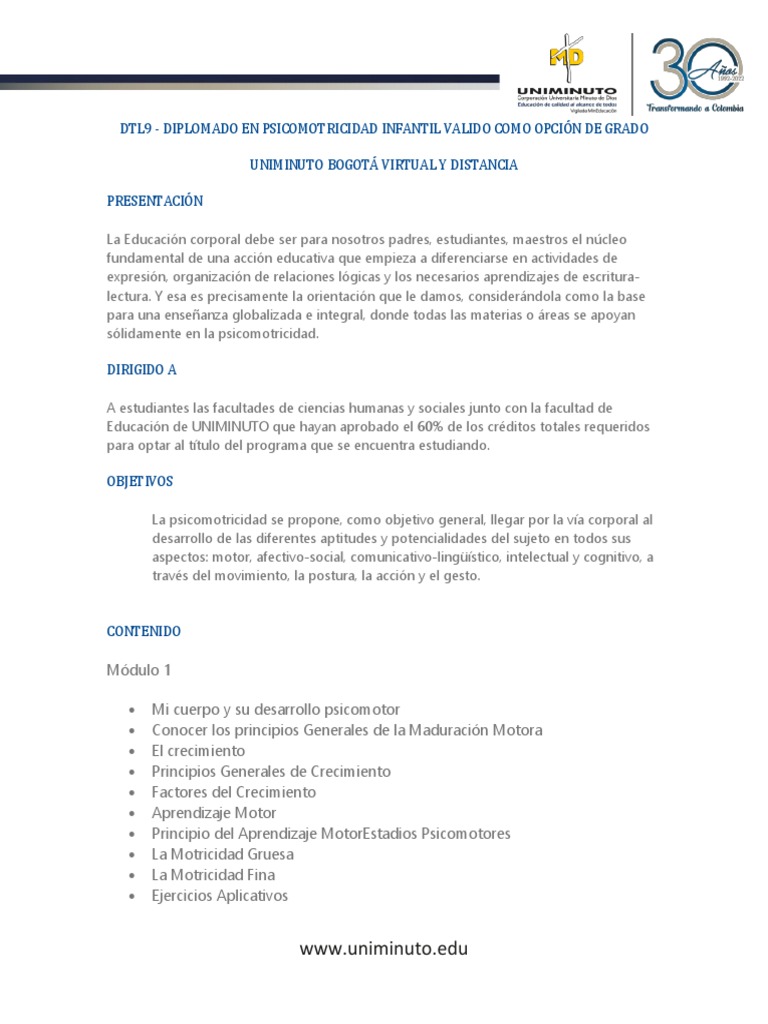 DTL9 Diplomado en Psicomotricidad Infantil Valido Como Opcion de Grado | PDF | Percepción ...