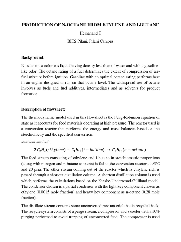 Production of N Octane From Ethylene and I Butane | PDF | Distillation ...
