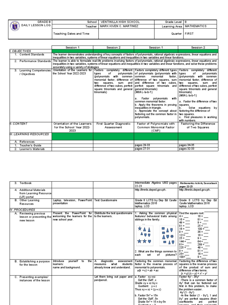 Math8 DLL Q1 W1 | PDF | Factorization | Polynomial